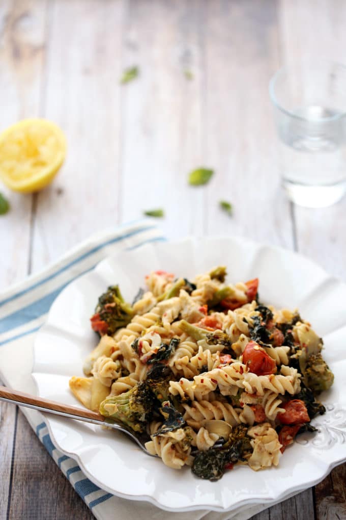 "Kitchen Sink" Pasta with Sunflower Seed Alfredo Sauce - Blissful Basil